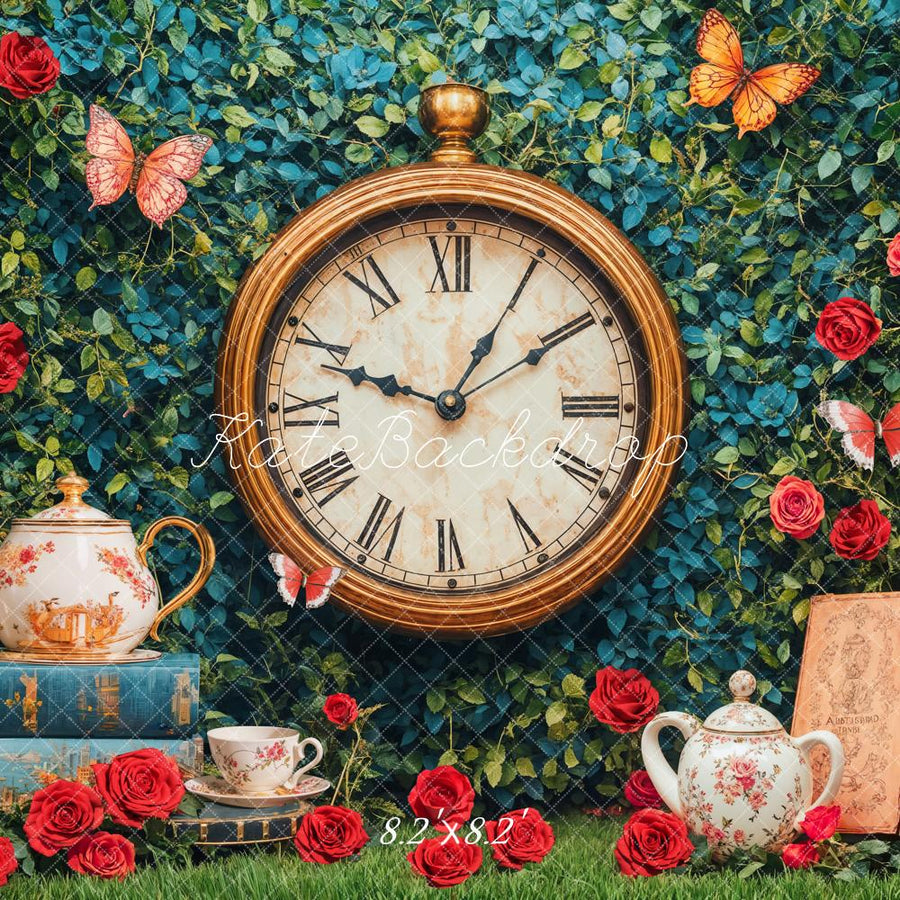 Vintage Garden Clock and Roses Backdrop