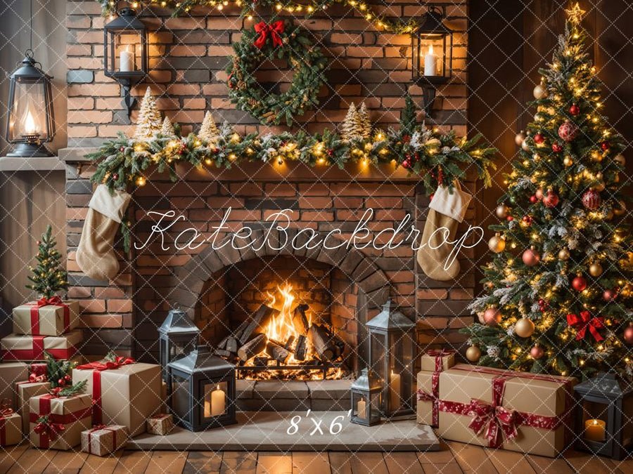 Cozy Rustic Christmas Fireplace Backdrop