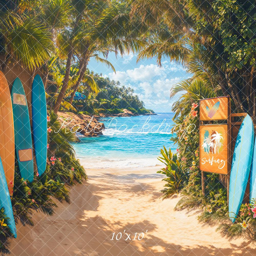 Tropical Beach Surfboard Paradise Backdrop