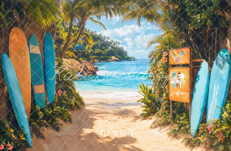 Tropical Beach Surfboard Paradise Backdrop