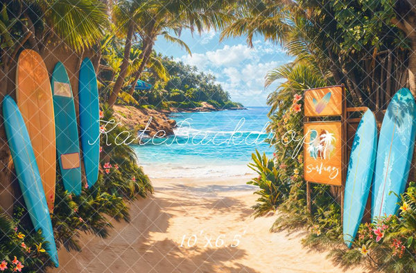 Tropical Beach Surfboard Paradise Backdrop