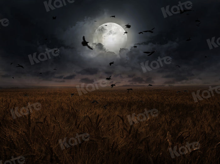 Mystical Moonlit Field with Flying Birds