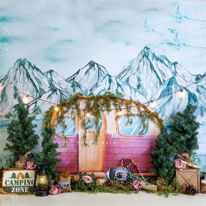 Rustic Mountain Camping Adventure Backdrop