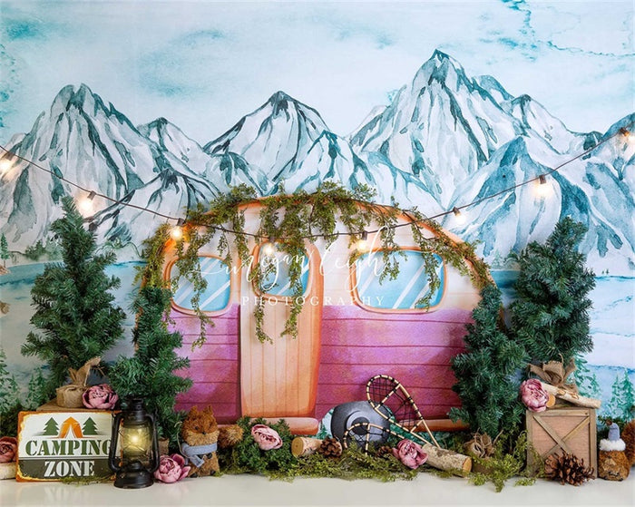 Rustic Mountain Camping Adventure Backdrop