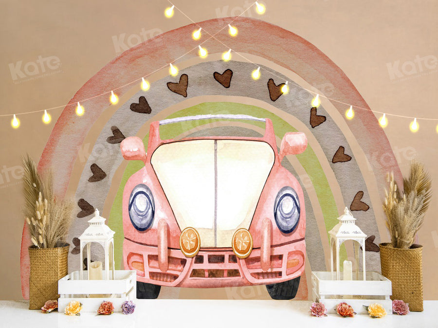 Vintage Pink Car Rainbow Photo Backdrop
