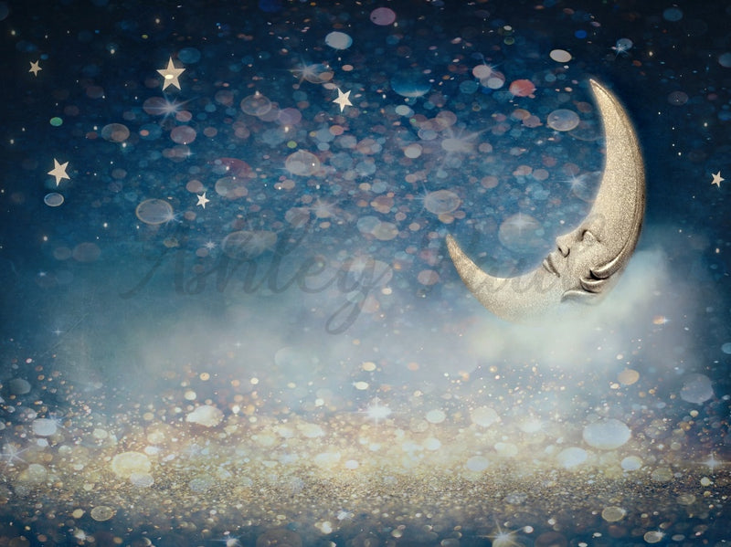 Dreamy Crescent Moon Starry Night Backdrop