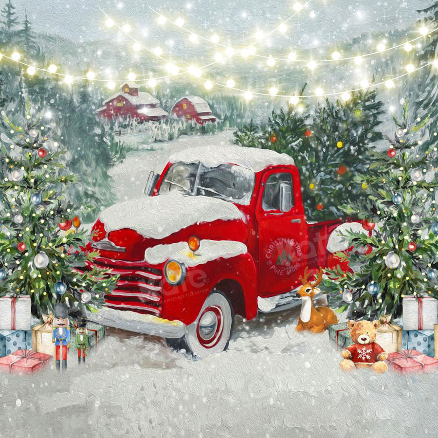 Vintage Red Truck Winter Christmas Backdrop