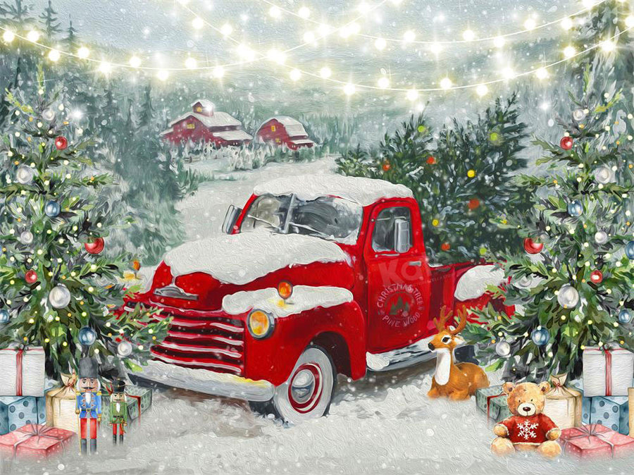 Vintage Red Truck Winter Christmas Backdrop