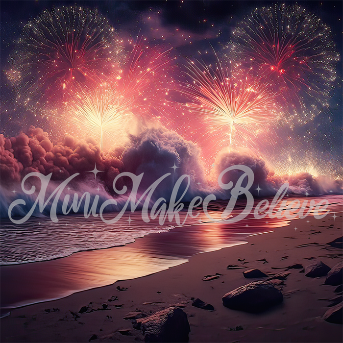 Enchanting Fireworks Beach Nightscape Backdrop