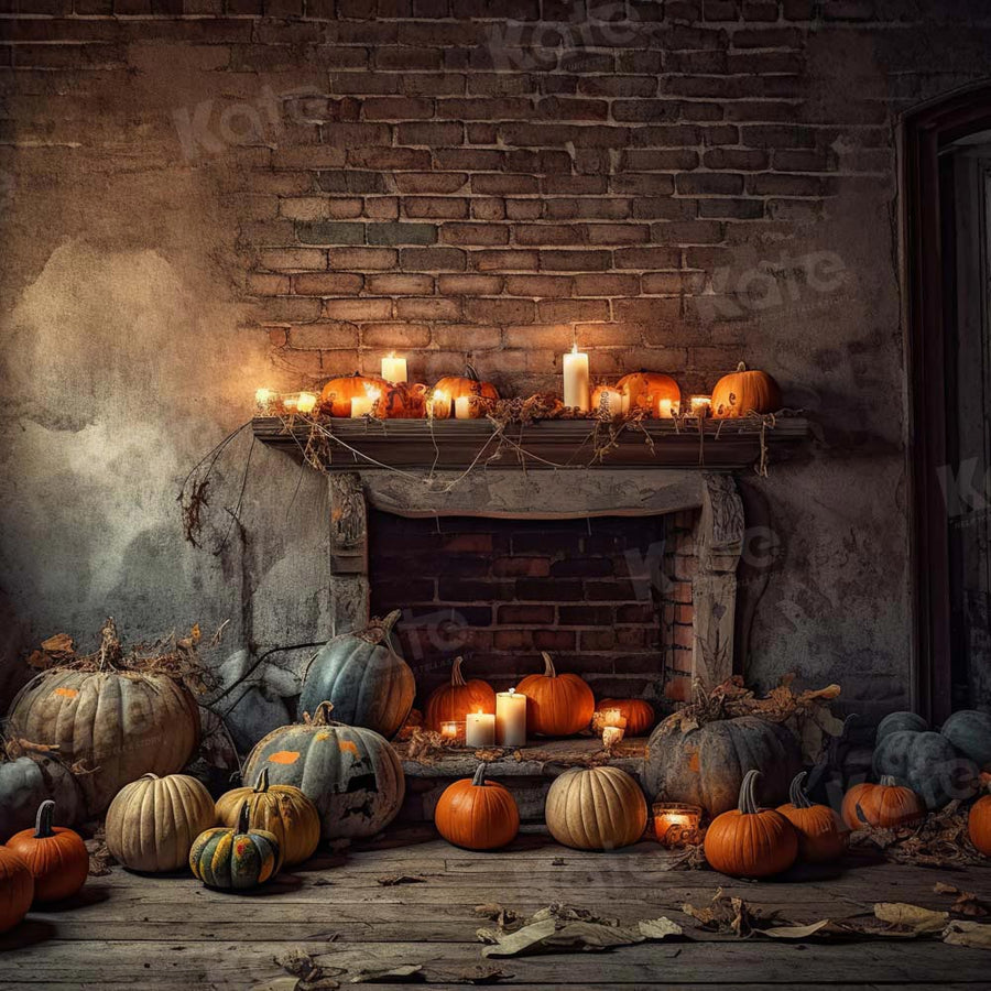 Rustic Autumn Pumpkin Fireplace Backdrop