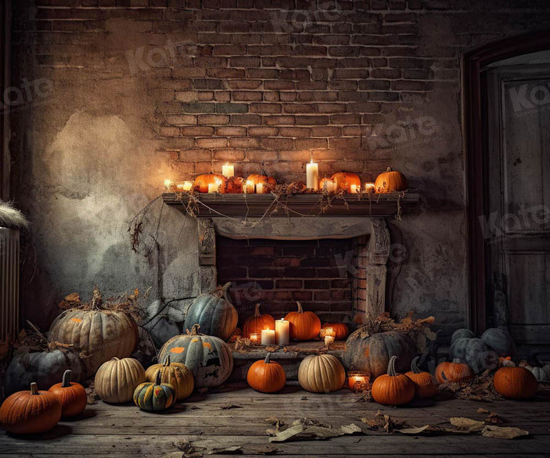 Rustic Autumn Pumpkin Fireplace Backdrop