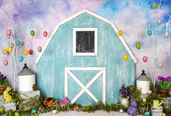 Rustic Blue Barn Easter Backdrop Scene