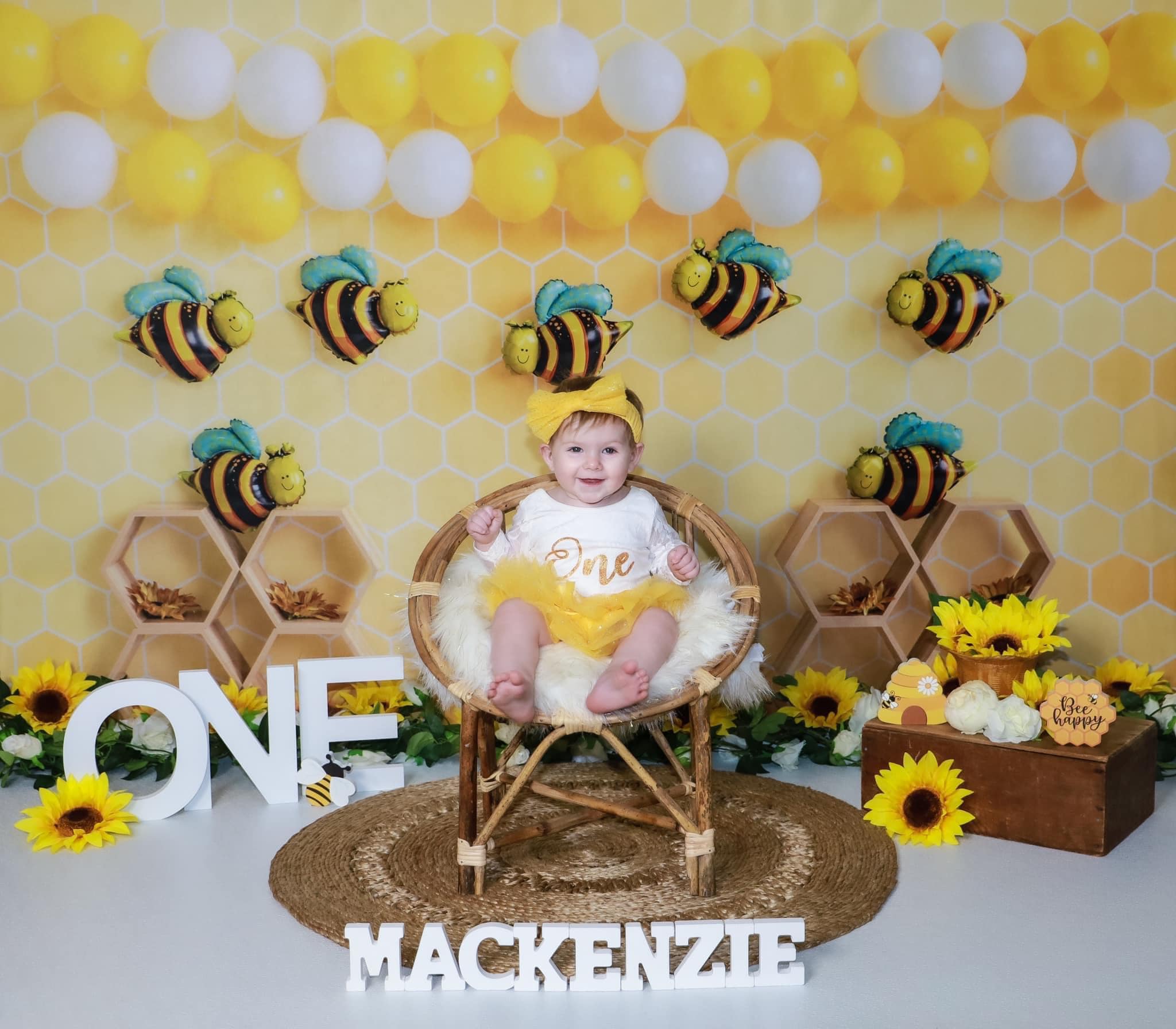 Kate Bee Balloon Backdrop Yellow Honeycomb Cake Smash for Photography