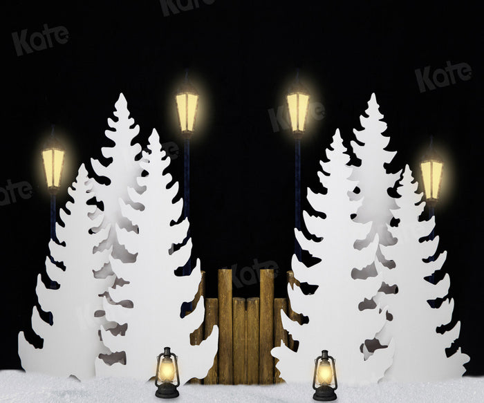 Winter White Pine Forest Night Backdrop