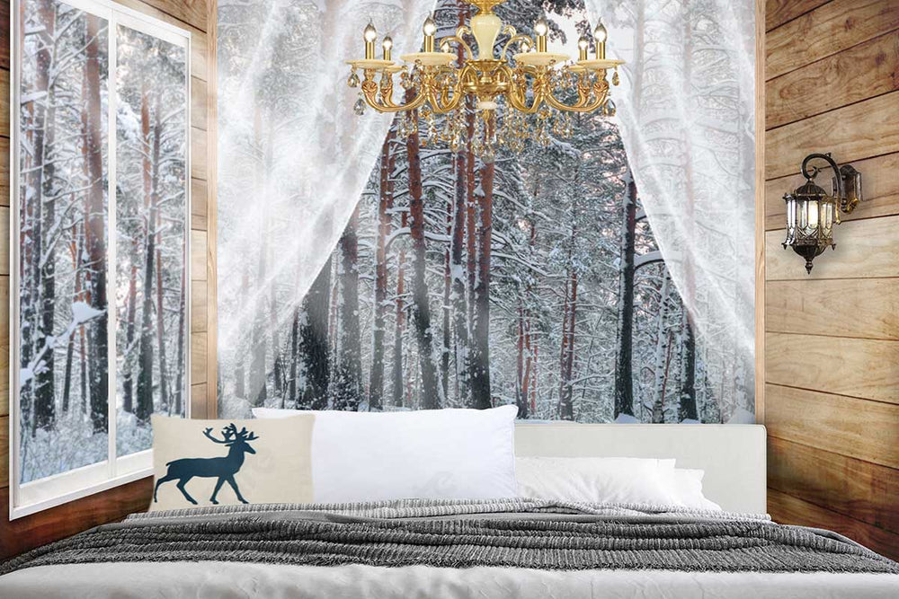 Winter Forest Cozy Cabin Bedroom Backdrop