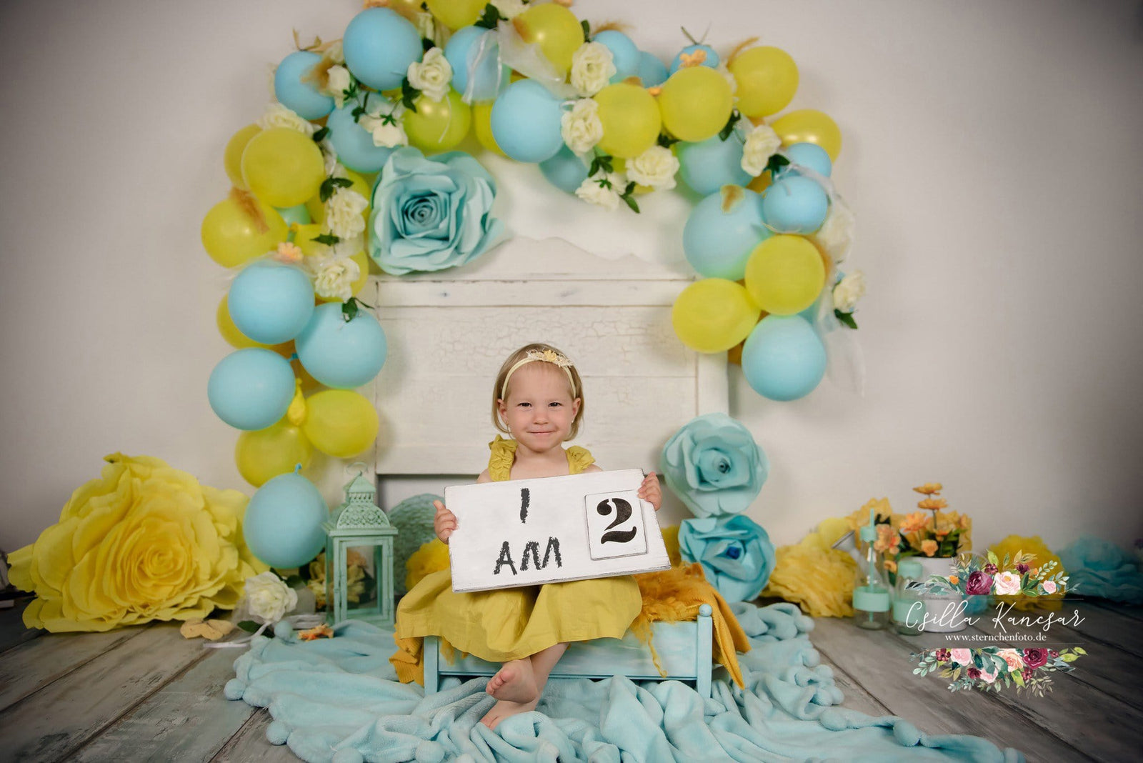 Pastel Blue Yellow Balloon Floral Backdrop